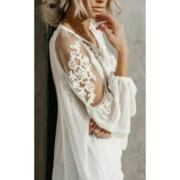 Tops | Ivory Boho Floral Embroidery Lace Chiffon Top | Poshmark